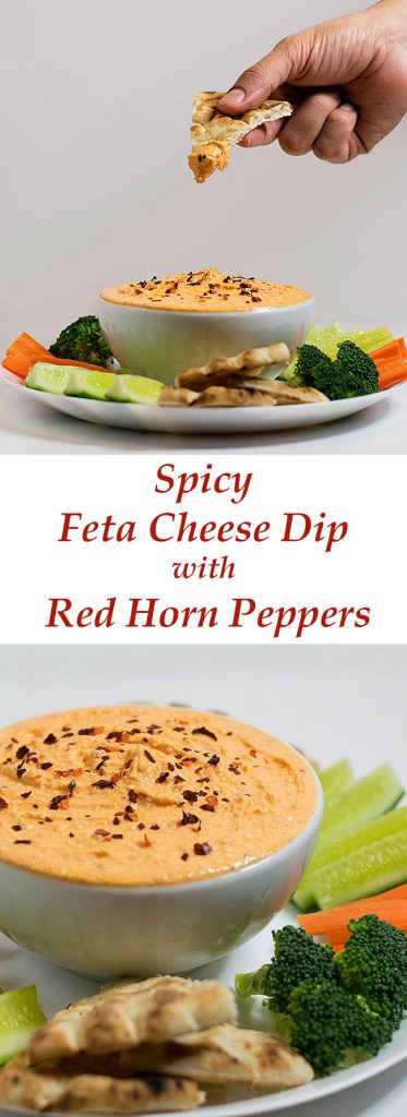 Spicy feta cheese dip with red horn peppers (Tirokafteri)