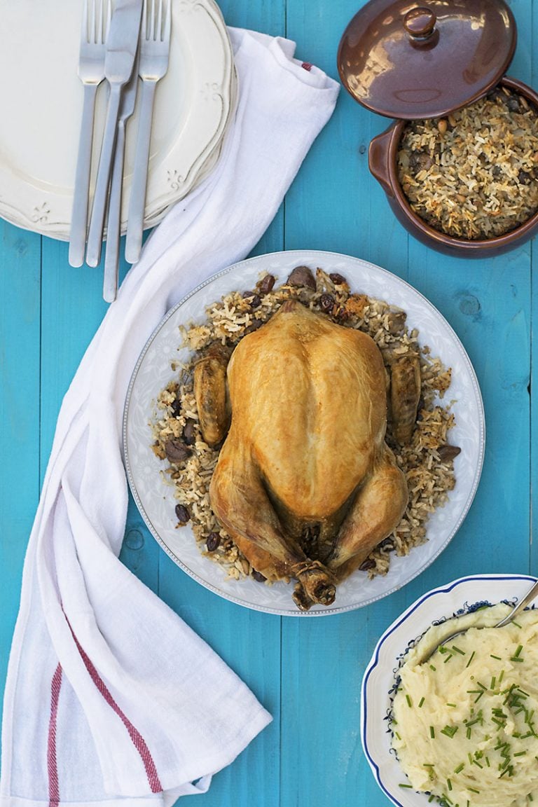 Greek whole stuffed chicken with rice and chestnuts
