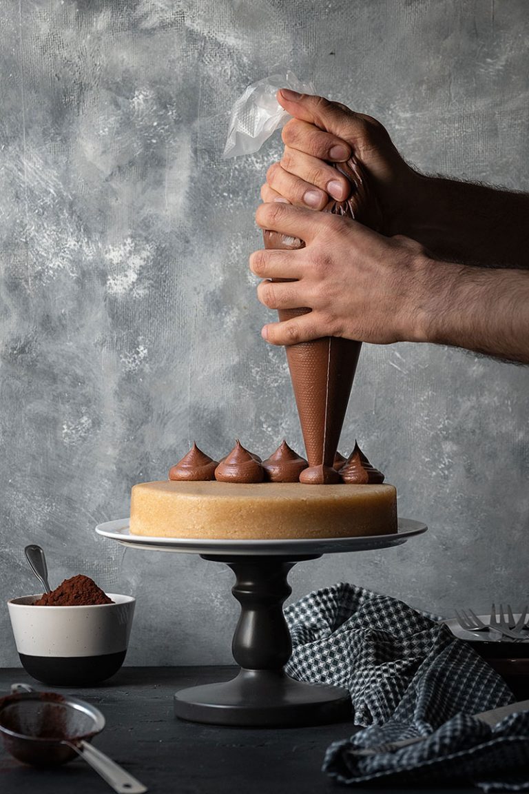 Greek Halva (semolina cake) with whipped chocolate ganache