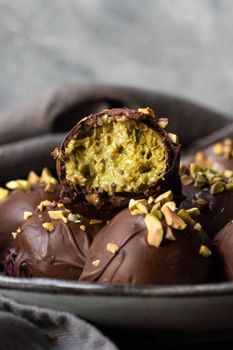 Dubai Chocolate Balls with Pistachio Kunefe Filling - The Hungry Bites